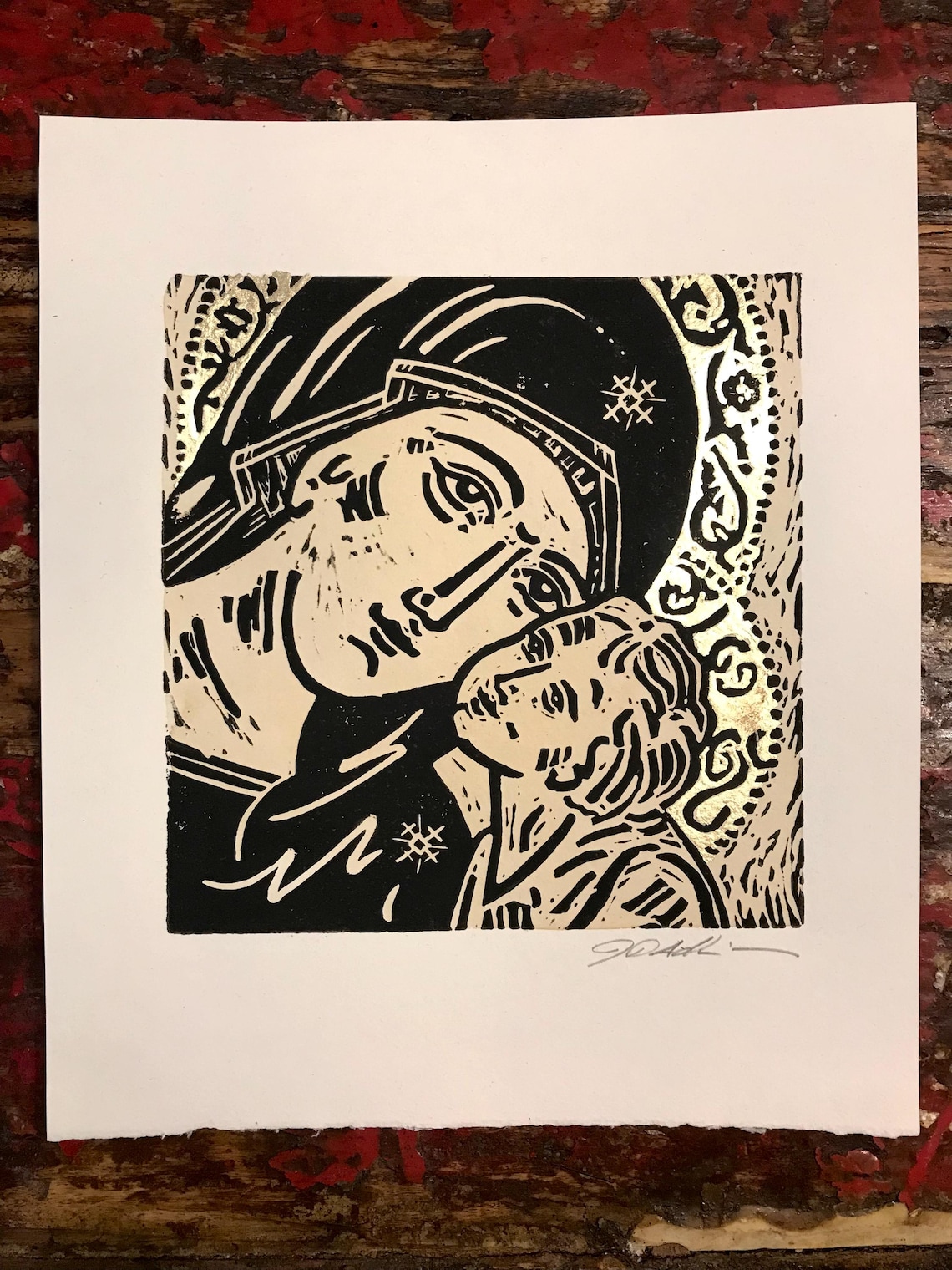 Original Linocut Print of Mother and Child mary, Jesus, Printed on 210 ...