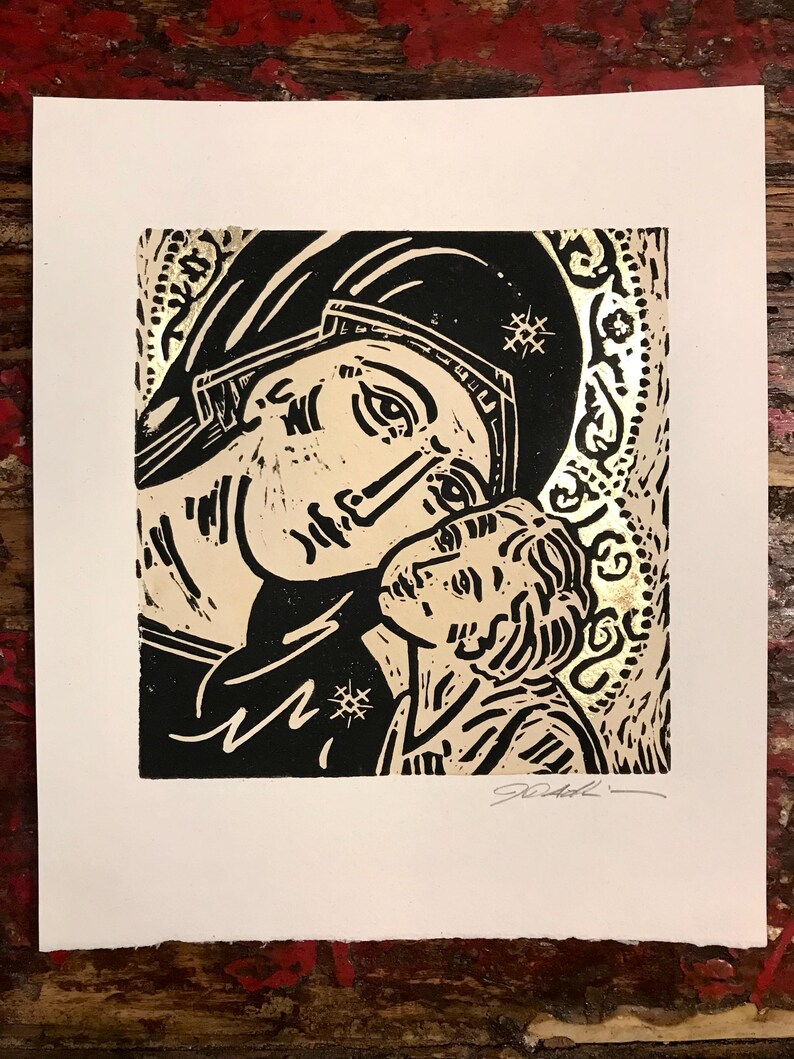 Original Linocut Print of Mother and Child mary, Jesus, Printed on 210 ...