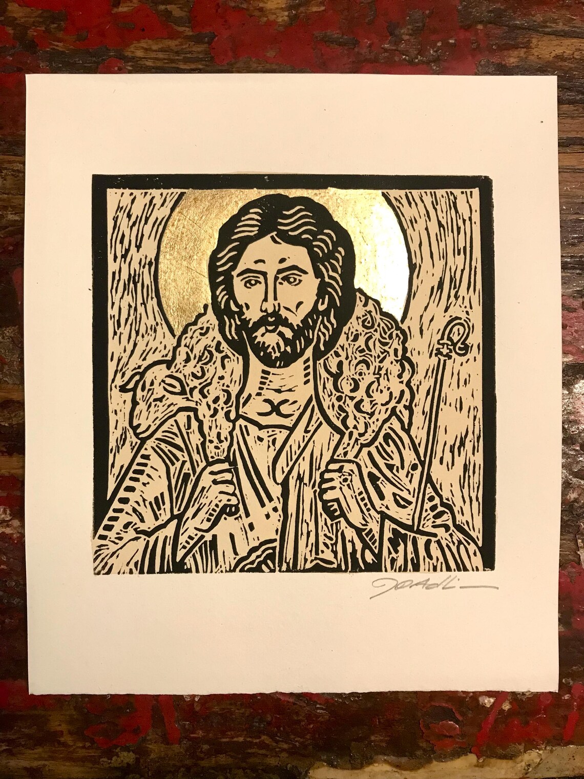 Original Linocut Print of Jesus Holding a Lamb, Printed on 210 Gsm ...