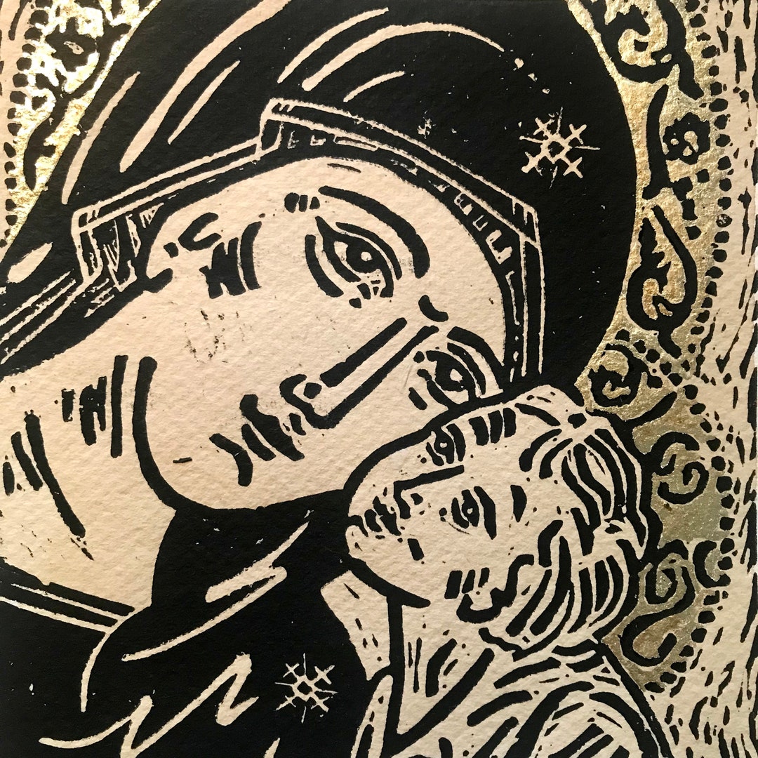 Traditional Linocut Print of Mother and Child mary, Jesus, Printed on ...