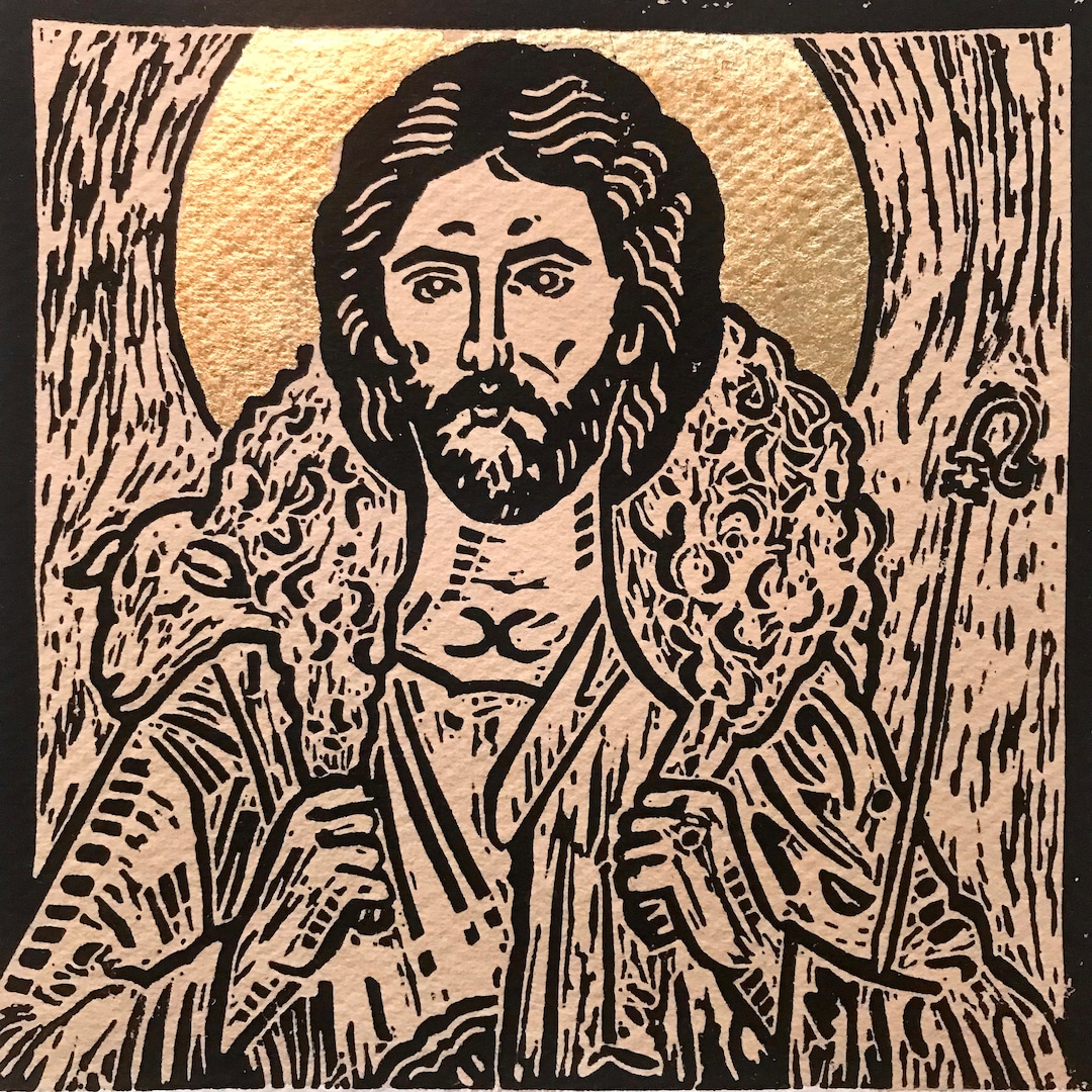 Traditional Linocut Print of Jesus Holding a Lamb, Printed on 320 Gsm ...