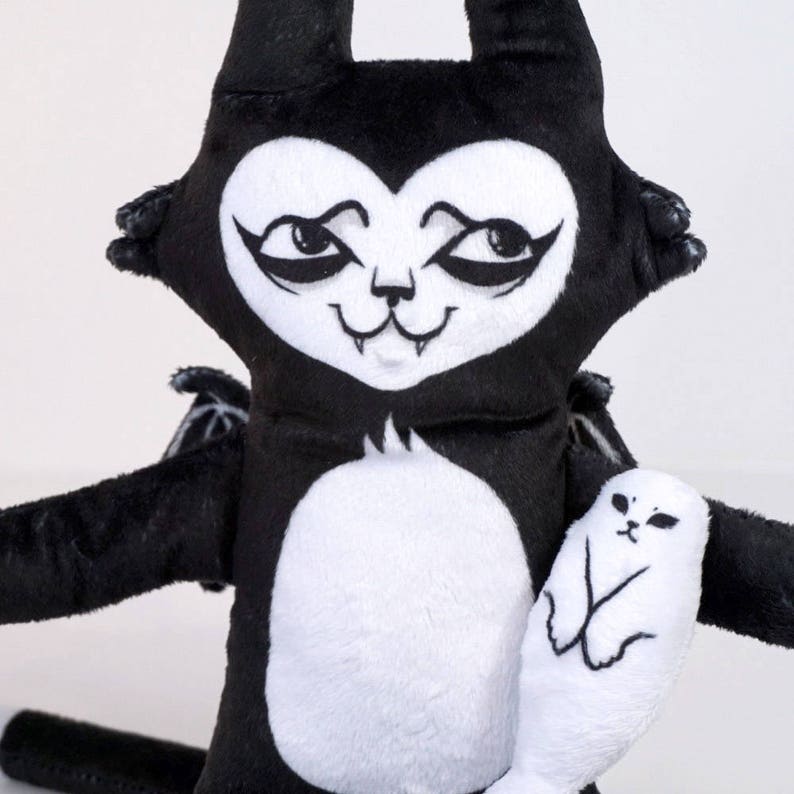 Stuffy Batcat Soft Black And White Monster Cat Plush Doll Etsy