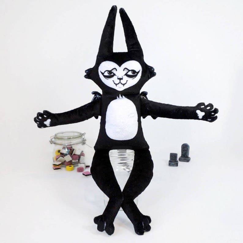 Stuffy Batcat Soft Black And White Monster Cat Plush Doll Etsy