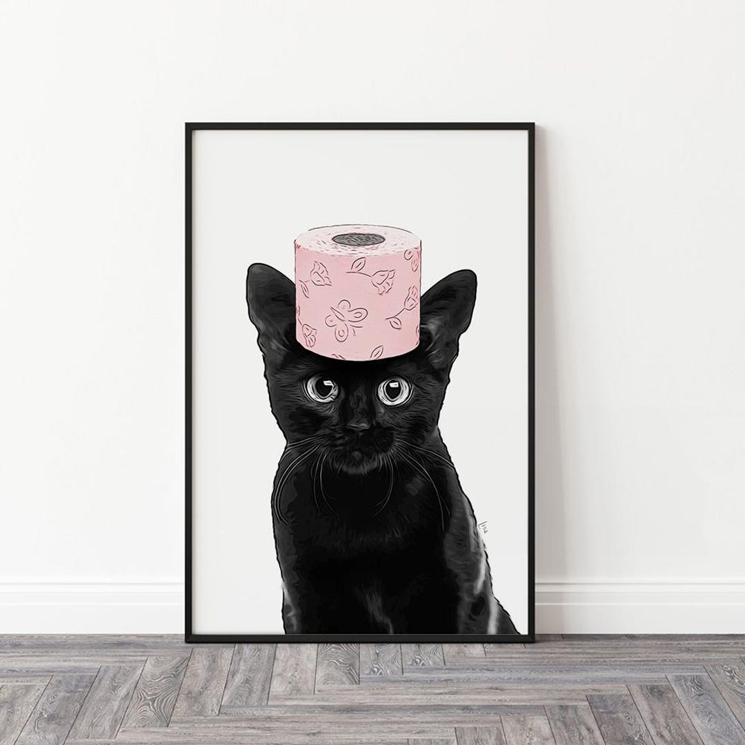 Black Cat With Toilet Paper Roll on Head, Bathroom Wall Art, Bathroom ...