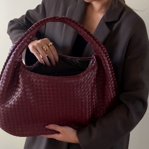 Large Burgundy Shoulder Bag for Women Cherry Red Vegan Leather Woven ...