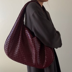 Large Burgundy Shoulder Bag for Women Cherry Red Vegan Leather Woven ...