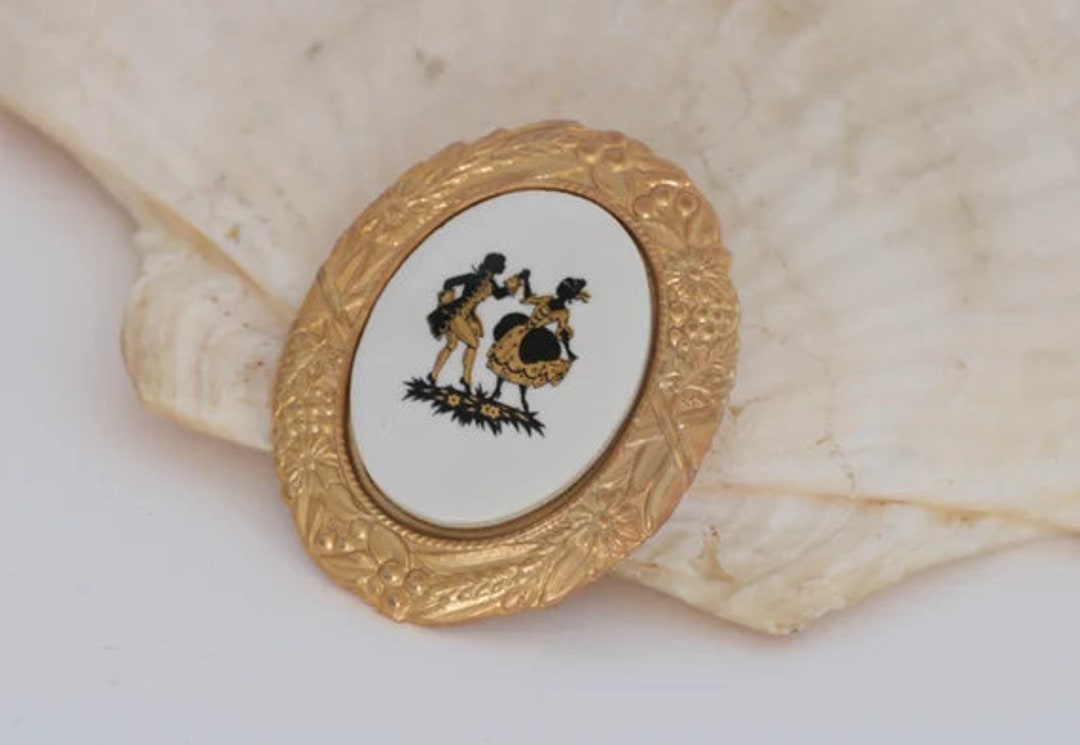Victorian Style Dancing Couple Porcelain Cameo Brooch Pin // Vintage ...