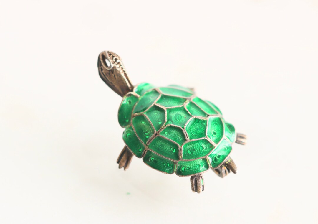 Vintage 800 Silver Cloisonné Turtle Brooch With Bright Green Enamel ...