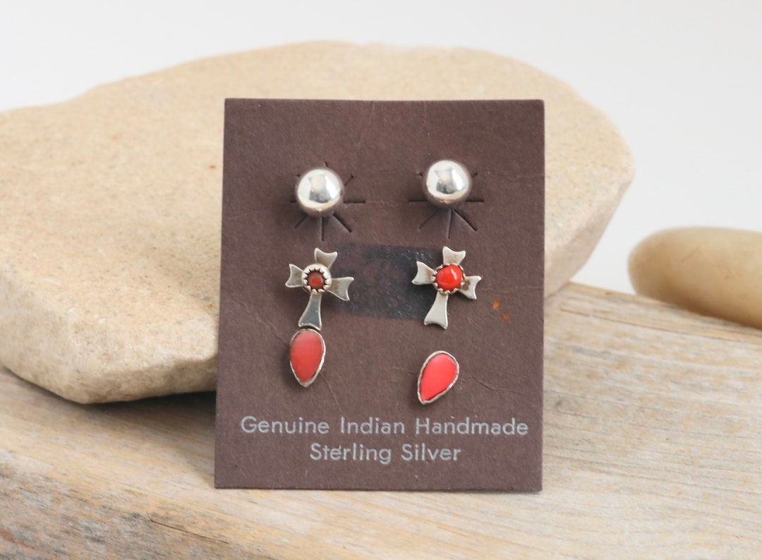Sterling Silver Native American Red Coral Stud Pierced Earring Set ...