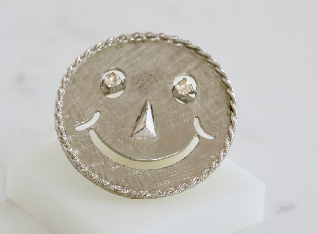Large Silver Smiley Face Brooch Pin With Rhinestone Eyes // Vintage ...