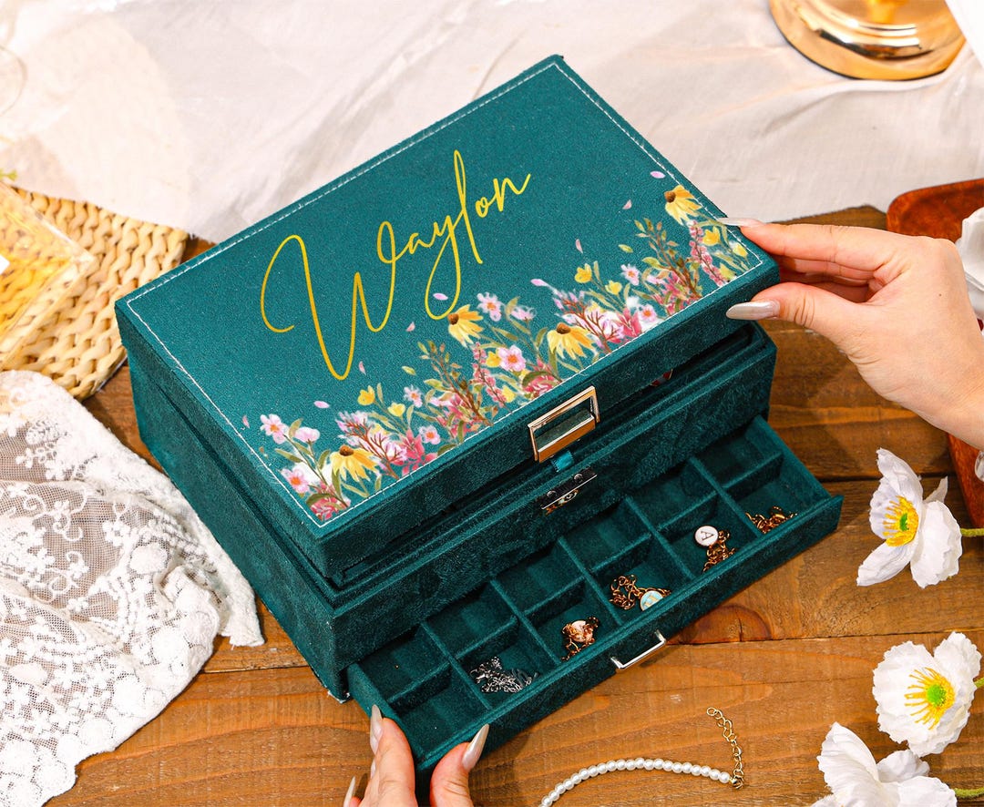 Custom Velvet Jewelry Box With Drawer, Floral Design - Etsy
