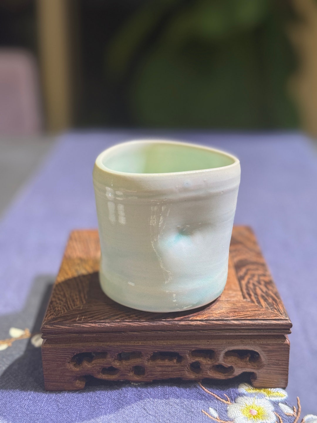 Triangular Ceramic Tea Cup Handmade Pottery Dimpled Thumbprint Mug Jade ...