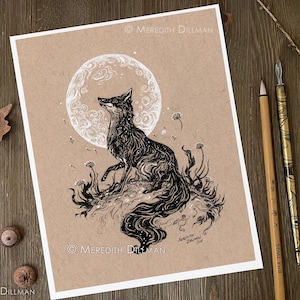 Fox Moon Fox Art Print Ink Drawing Moon and Stars Meredith - Etsy