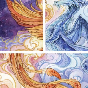 Dragon and Phoenix Art Print, Sun and Moon, Fantasy Print, Watercolor ...