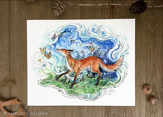 Fantasy Art Watercolor Print Magical Fox With Butterflies - Etsy