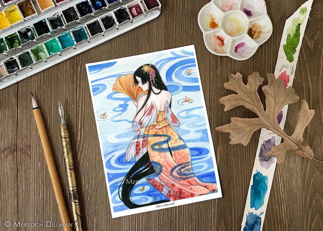Mermaid Art, Koi Fish, Japanese, Art Print, Illustration, Watercolor ...