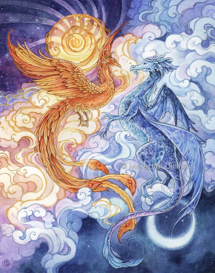 Dragon and Phoenix Art Print Sun and Moon Fantasy Print - Etsy