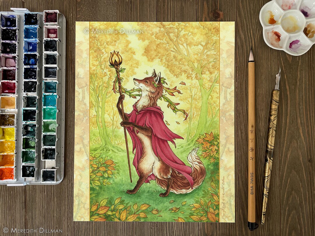 Magical Fox Wizard, Ace of Wands Tarot Art Print, Fox Art Print, Ink ...