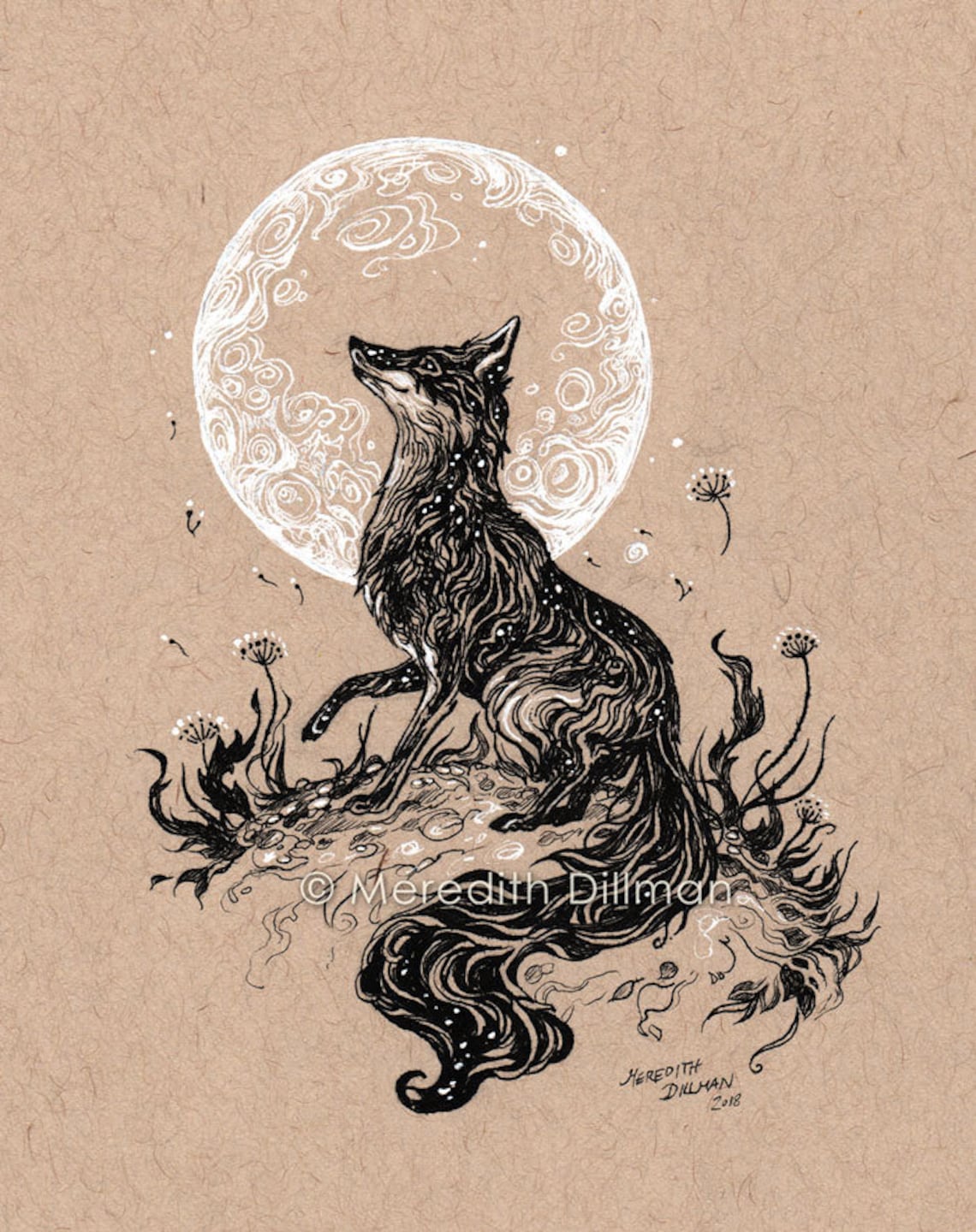 Fox moon fox art print ink drawing moon and stars meredith | Etsy