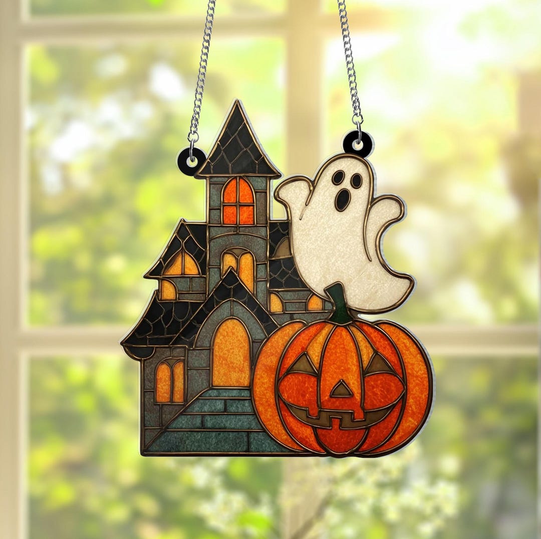 Halloween Ghost Castle Suncatcher, Spooky Acrylic Window Hanging Home ...