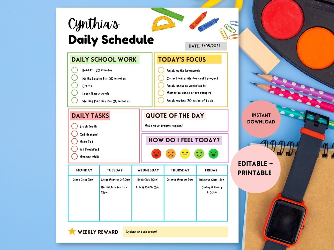 Editable Daily Schedule Template, Homeschool Routine, Kids Daily ...