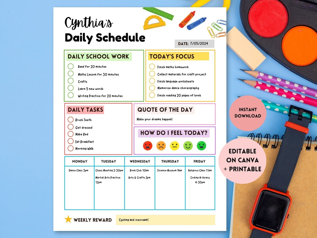Editable Daily Schedule Template, Homeschool Routine, Kids Daily ...