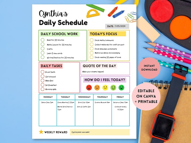 Editable Daily Schedule Template, Homeschool Routine, Kids Daily ...