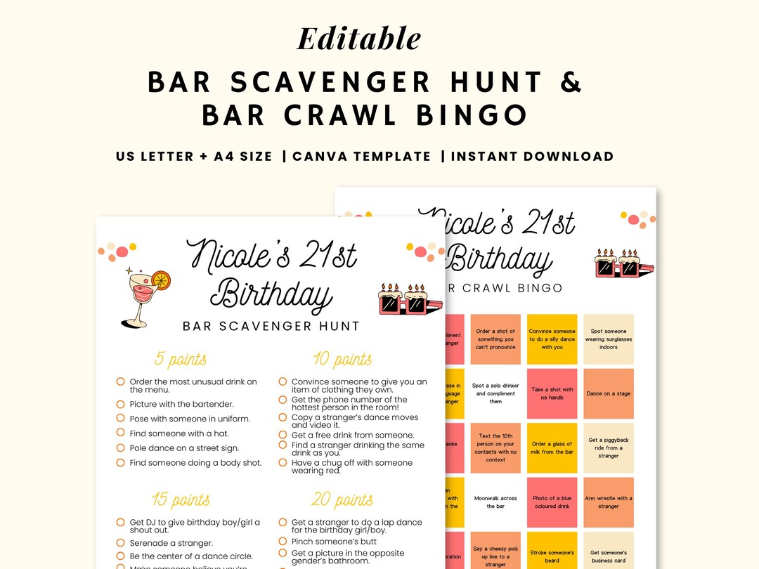 Editable Bar Scavenger Hunt, Bar Crawl Games, Ladies Night Games ...