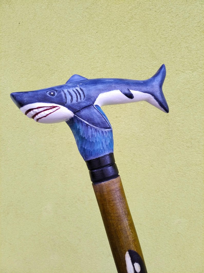 Shark Wooden Walking Cane, Fish Wooden Walking Stick, Hand Carved ...