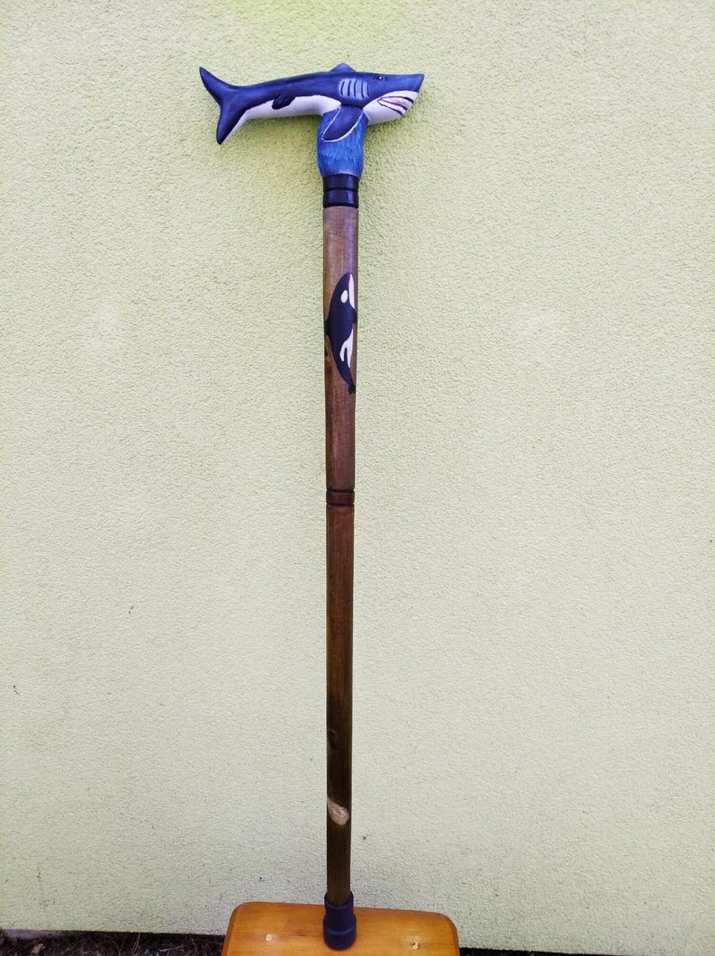 Shark Wooden Walking Cane, Fish Wooden Walking Stick, Hand Carved ...