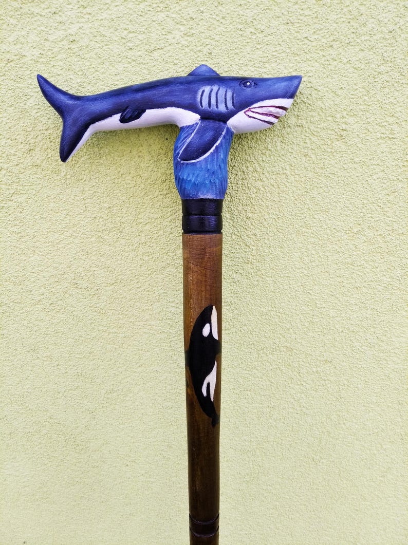 Shark Wooden Walking Cane, Fish Wooden Walking Stick, Hand Carved ...