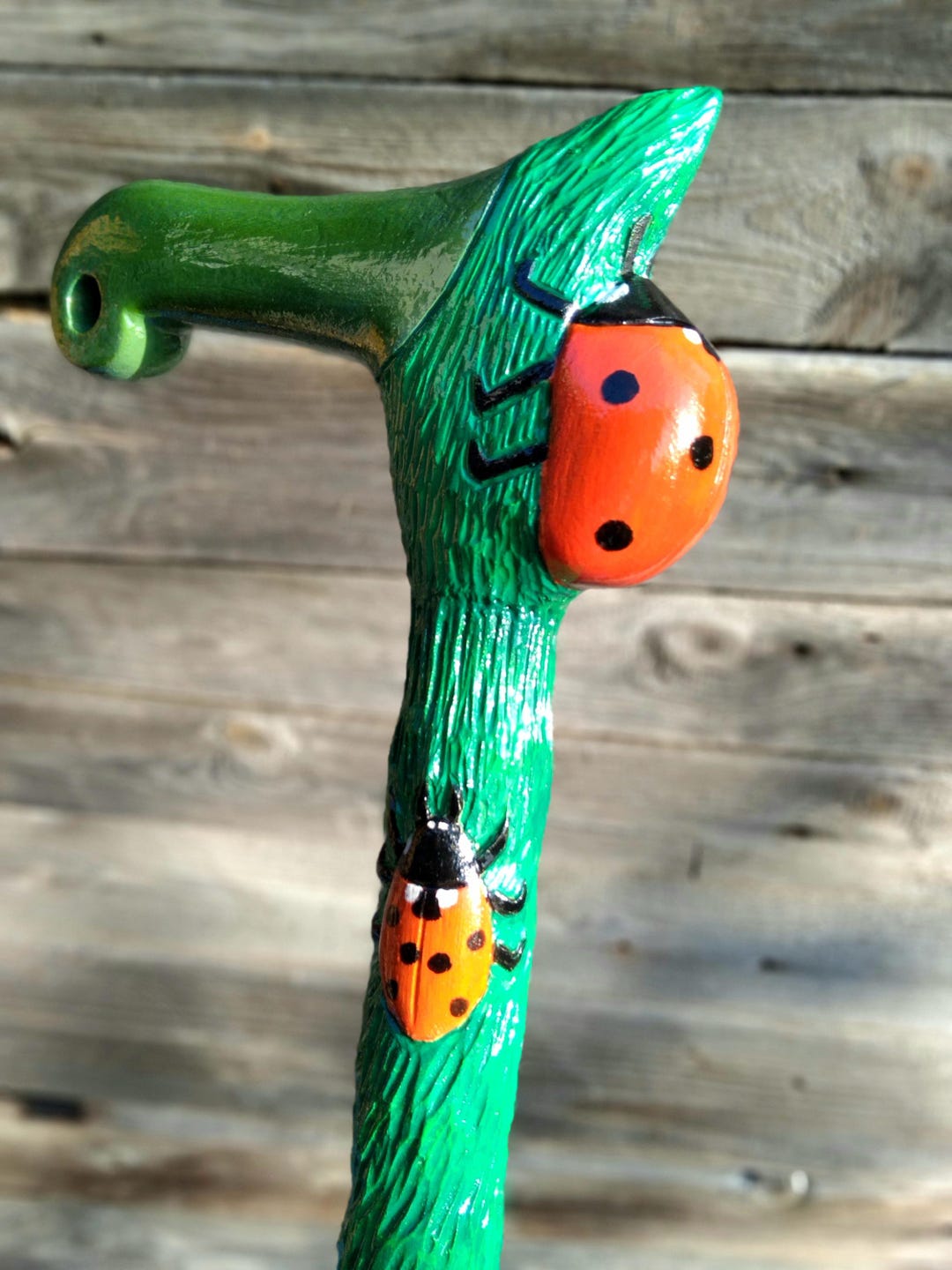 Hand Carved Ladybug Wooden Cane, Forget-me-not Flowers, Beetle Walking ...