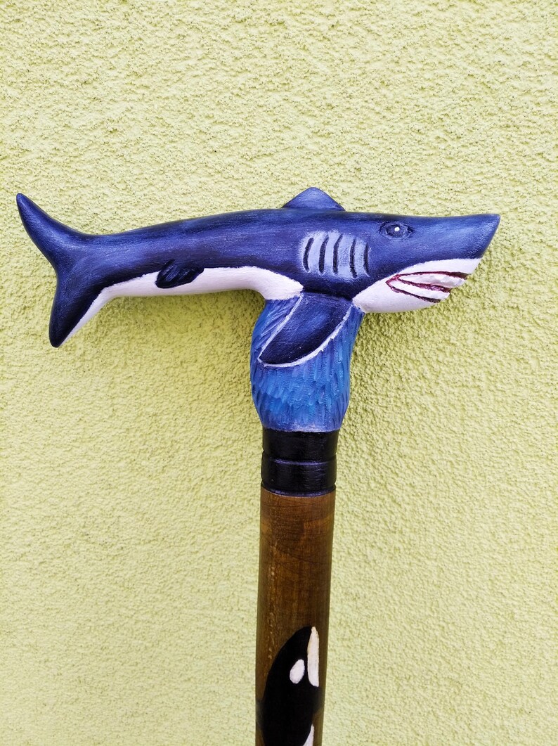 Shark Wooden Walking Cane, Fish Wooden Walking Stick, Hand Carved ...