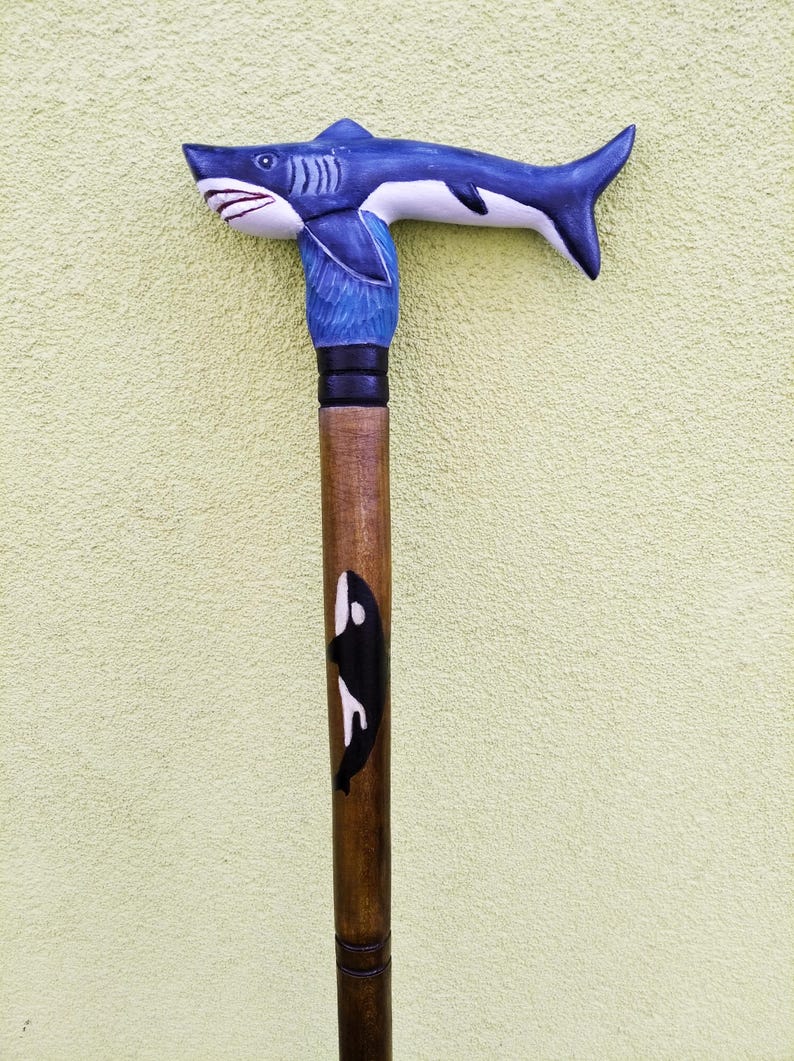 Shark Wooden Walking Cane, Fish Wooden Walking Stick, Hand Carved ...