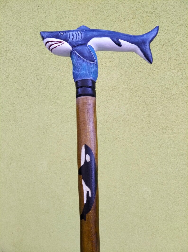Shark Wooden Walking Cane, Fish Wooden Walking Stick, Hand Carved ...
