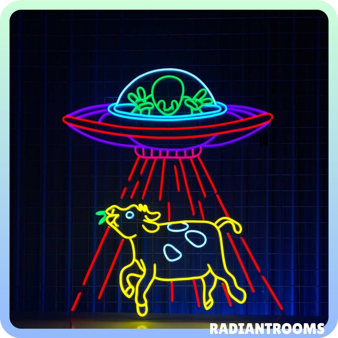 Alien UFO Abduction Dairy Cow Neon Sign, Kidnapping Cow Led Light ...