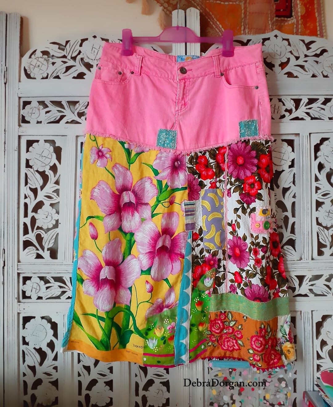 Tropical Pink Denim Recycled Skirt Size M - Etsy