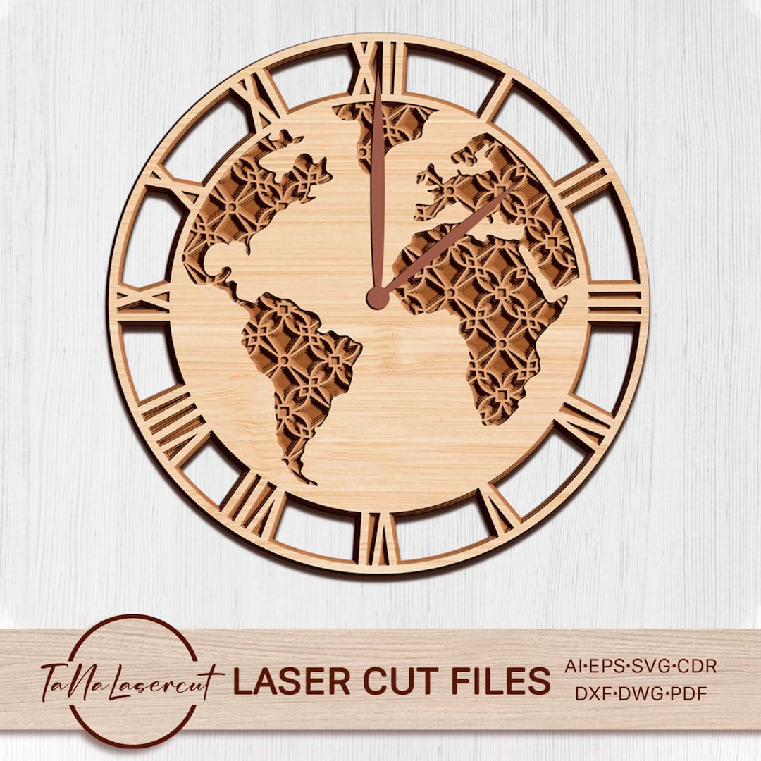 Uhr Weltkarte Plotterdatei - Laser Cut Datei - UHR Wanddeko svg und ...