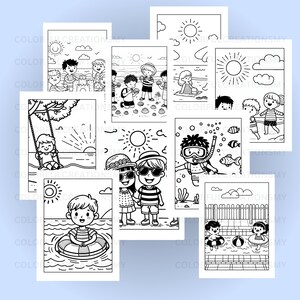 Summer Fun Coloring Pages, 20 Cute Kawaii Beach Kids Coloring Book ...