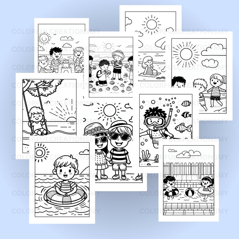 Summer Fun Coloring Pages, 20 Cute Kawaii Beach Kids Coloring Book ...