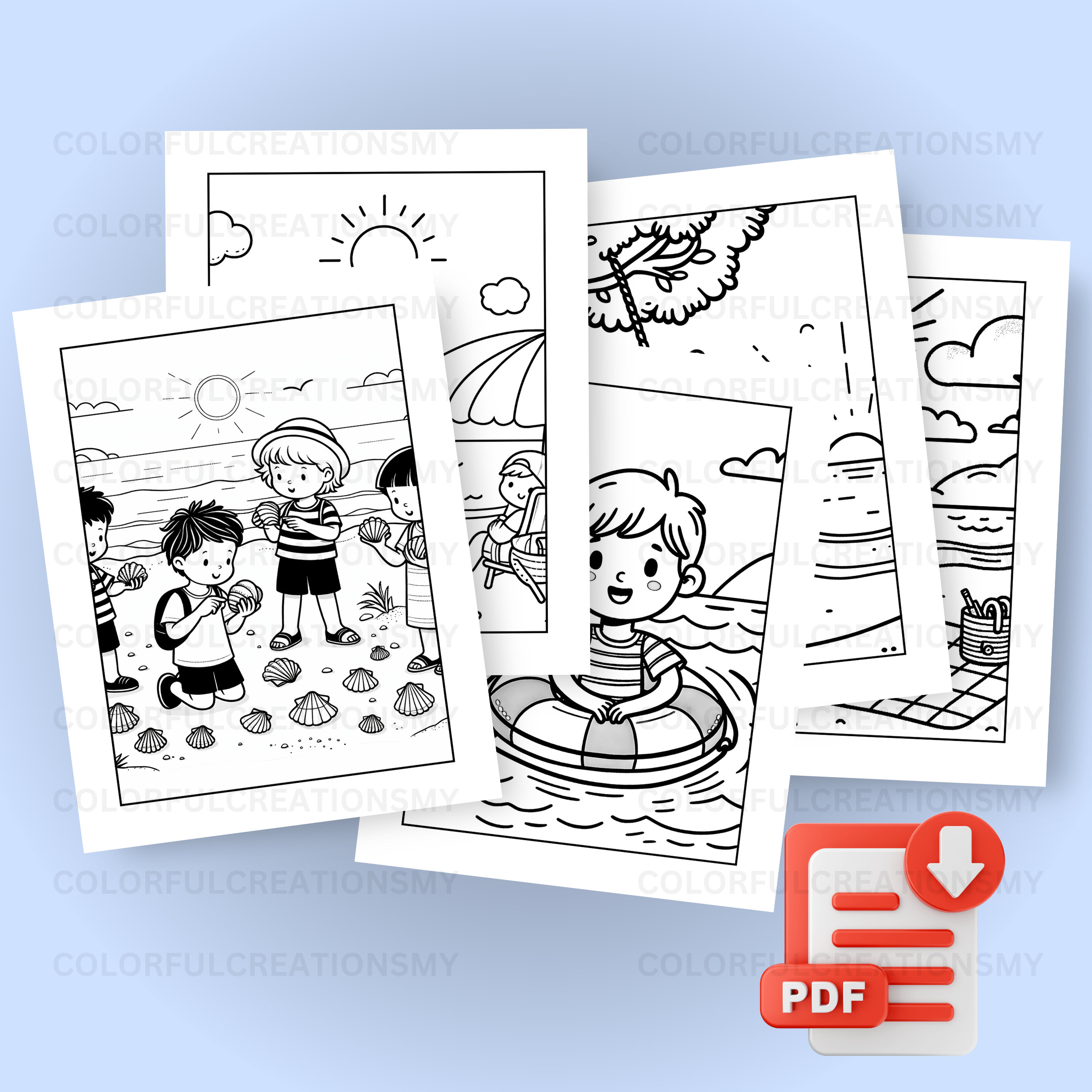 Summer Fun Coloring Pages, 20 Cute Kawaii Beach Kids Coloring Book ...