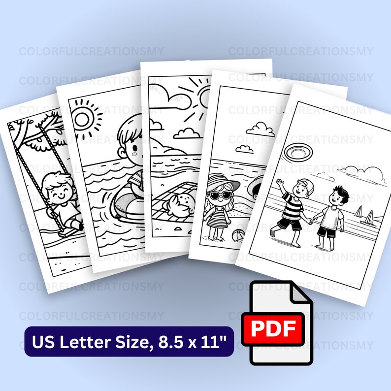 Summer Fun Coloring Pages, 20 Cute Kawaii Beach Kids Coloring Book ...