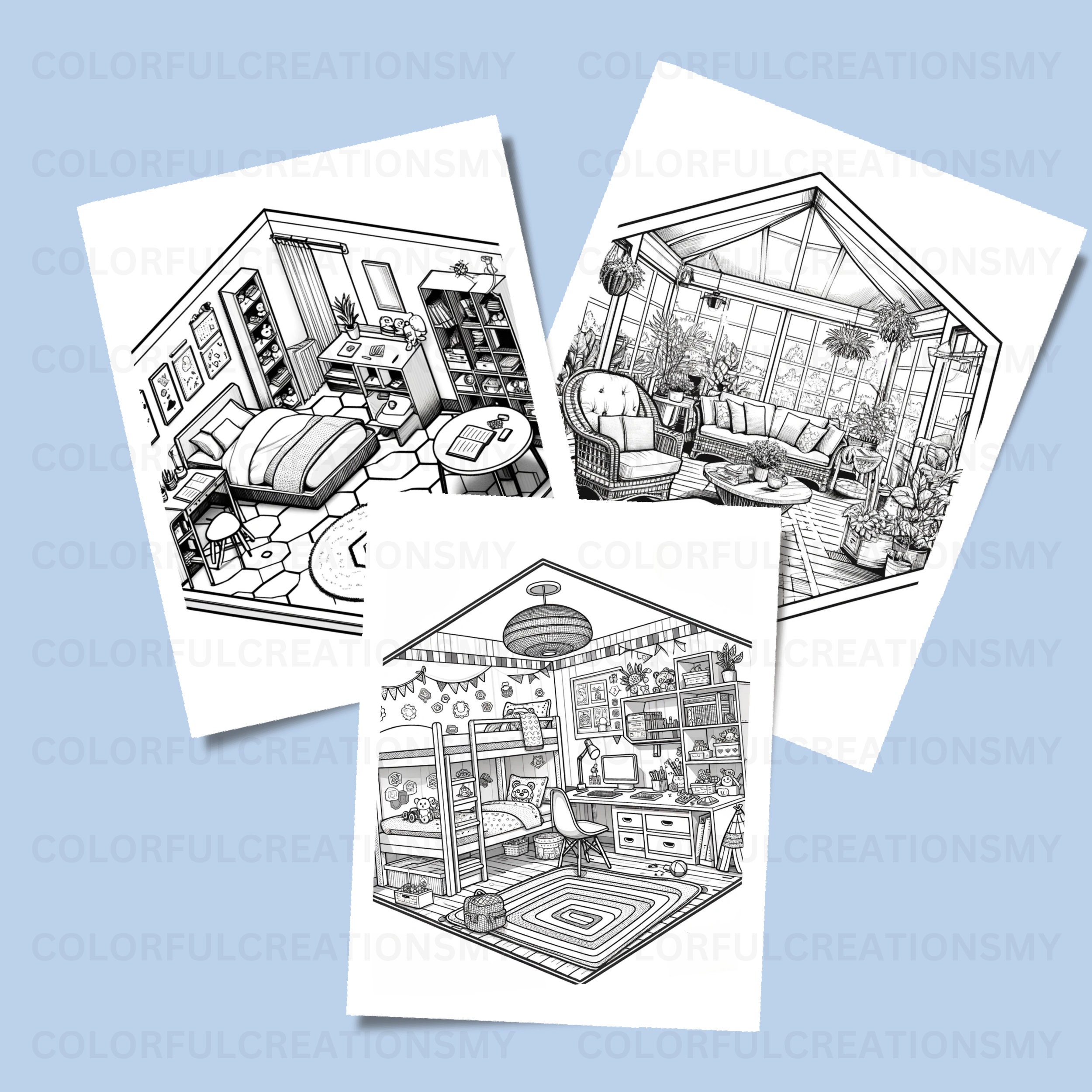 Printable Modern Home Interior Designs Coloring Book 25 Hexagonal ...