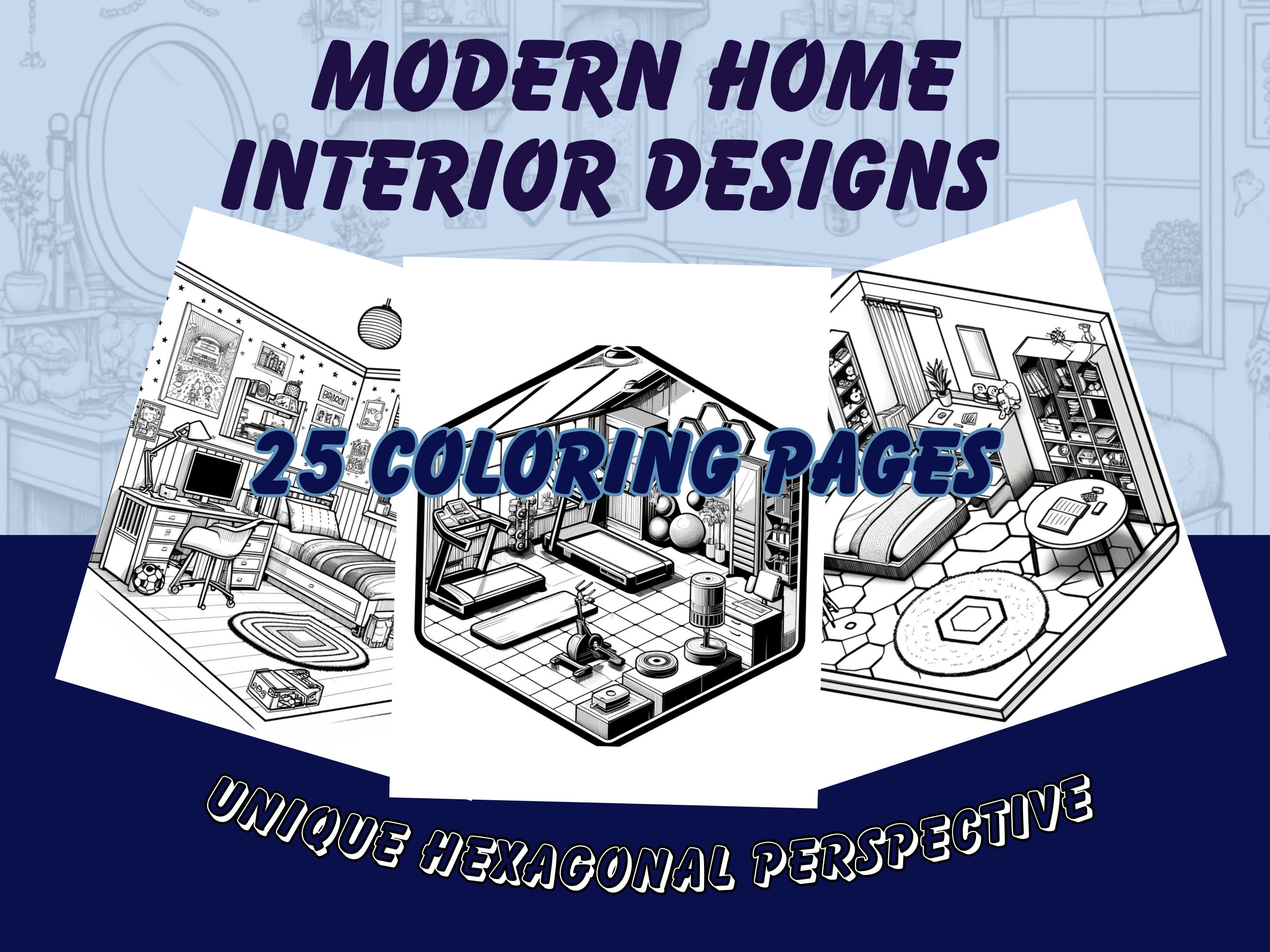 Printable Modern Home Interior Designs Coloring Book 25 Hexagonal ...
