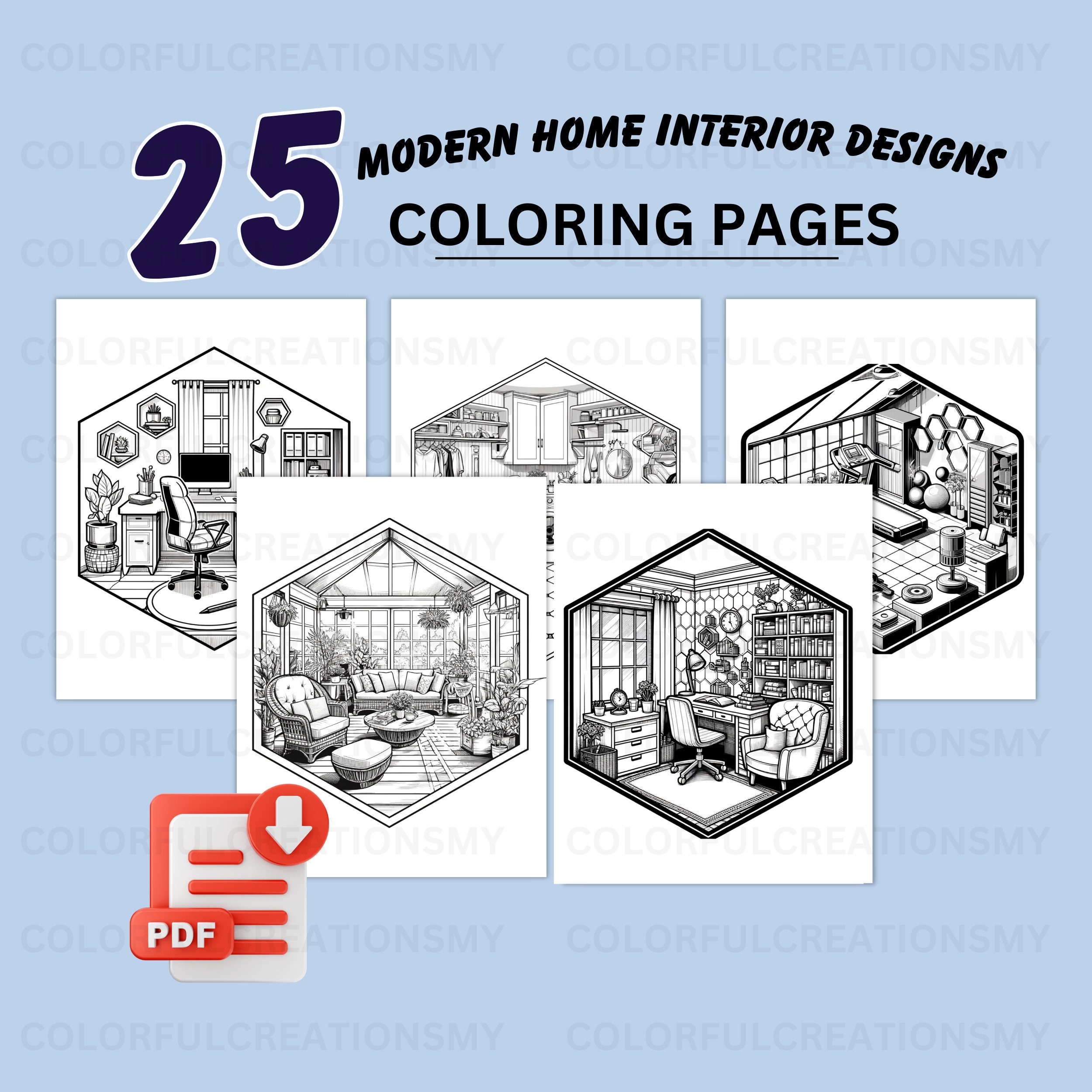 Printable Modern Home Interior Designs Coloring Book 25 Hexagonal ...