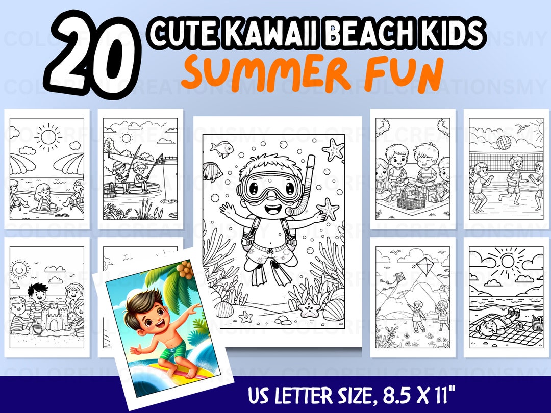 Summer Fun Coloring Pages, 20 Cute Kawaii Beach Kids Coloring Book ...