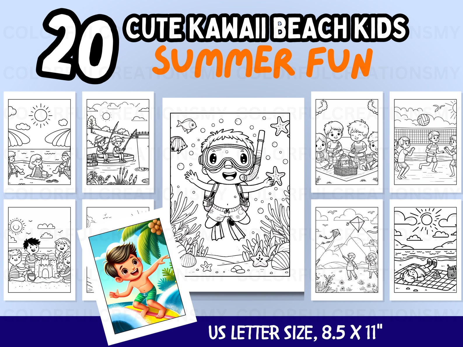 Summer Fun Coloring Pages, 20 Cute Kawaii Beach Kids Coloring Book ...