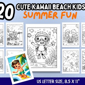 Summer Fun Coloring Pages, 20 Cute Kawaii Beach Kids Coloring Book ...