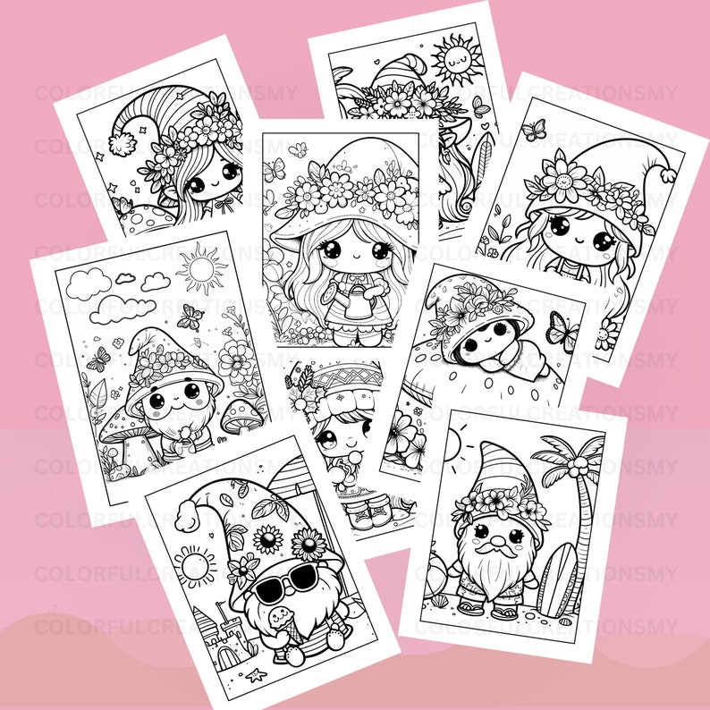 Kawaii Seasonal Gnome Coloring Pages, PDF Coloring Pages for Kids, 25 ...