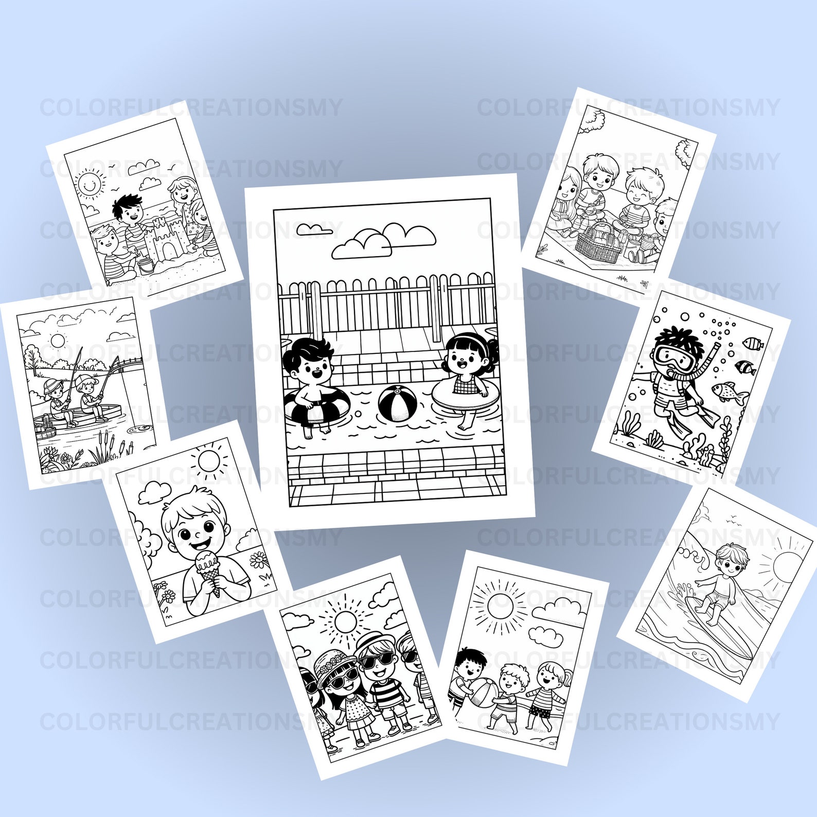 Summer Fun Coloring Pages, 20 Cute Kawaii Beach Kids Coloring Book ...